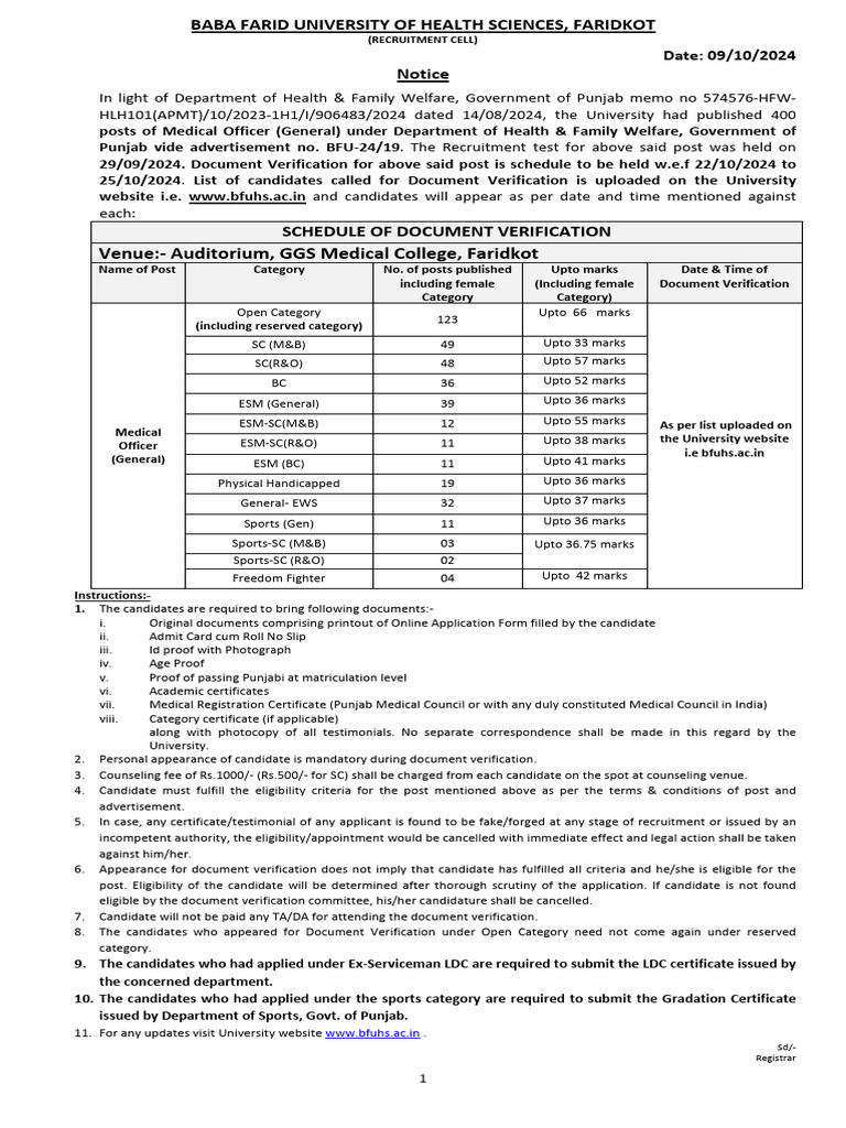 Medical Officer (Gen) Document Verification Schedule | PDF | Government