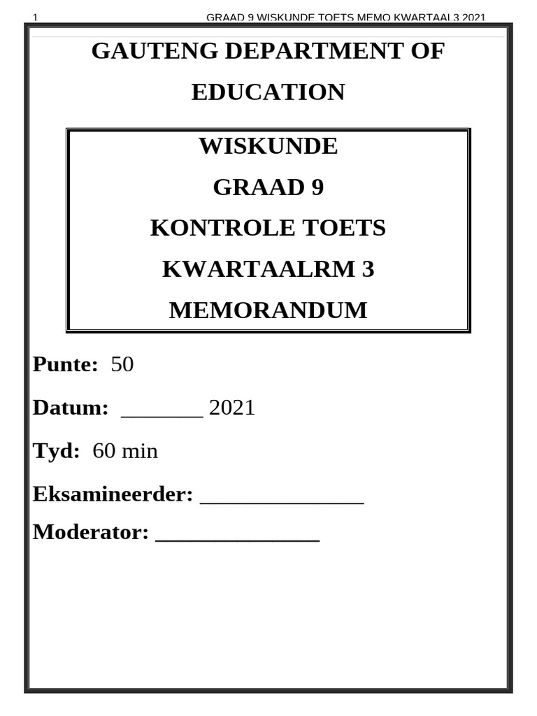 V Graad 9 Vraestel Memo | PDF