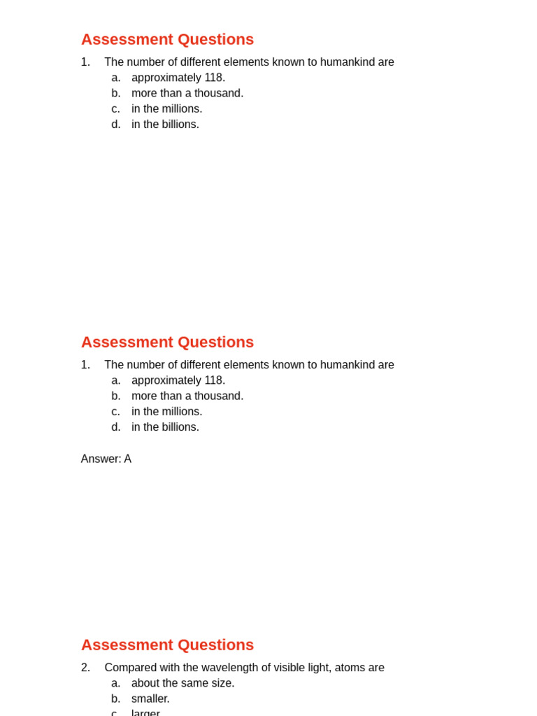 Understanding Atoms and Elements Quiz | PDF | Atoms | Chemical Elements