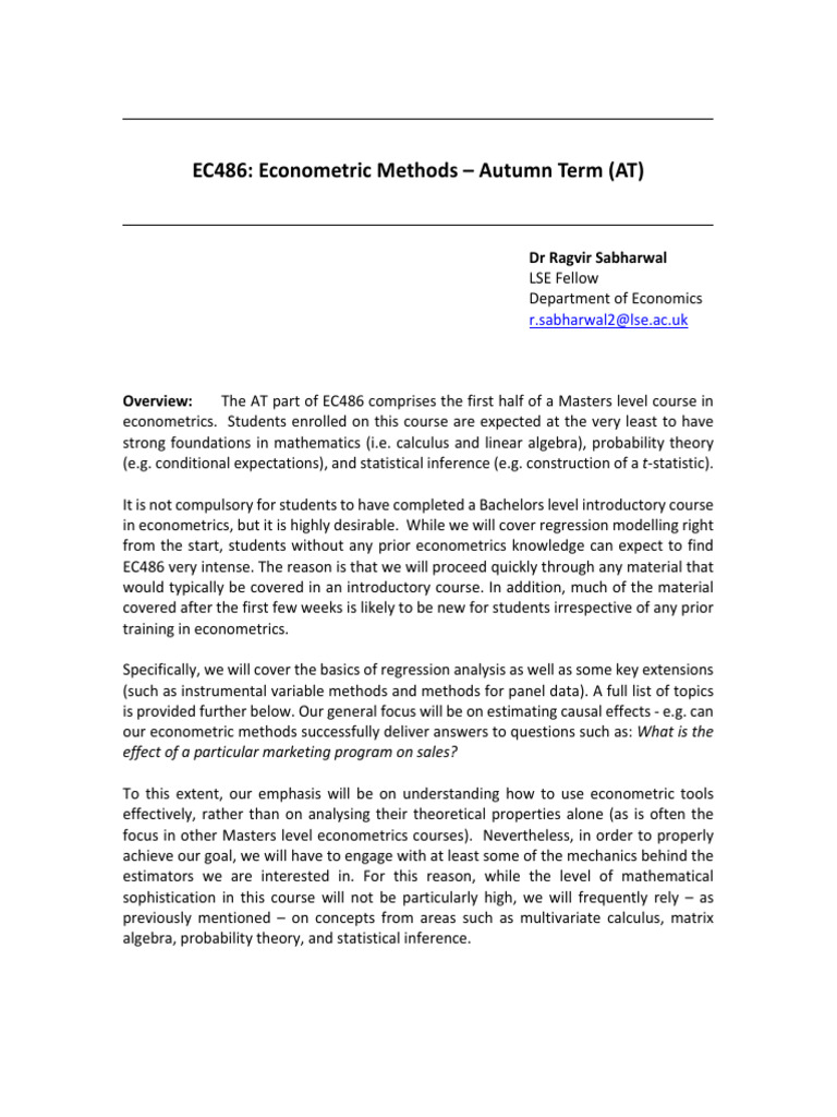1st Semester Syllabus | PDF | Regression Analysis | Econometrics