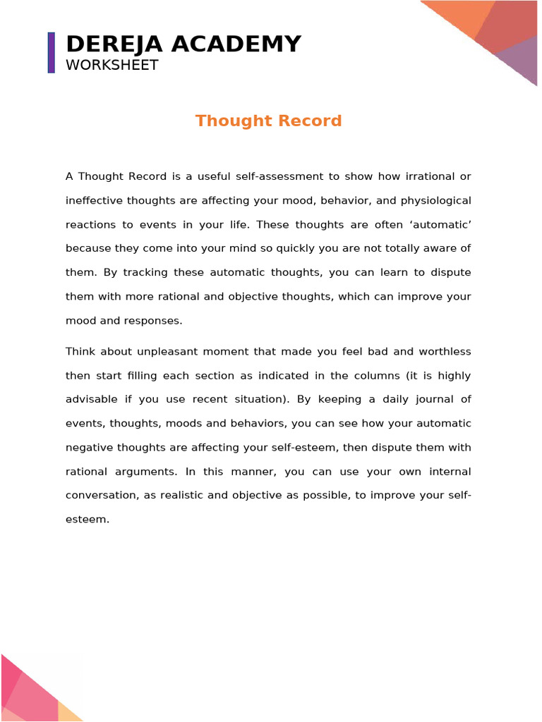 Thought Record Worksheet for Self-Assessment | PDF | Thought | Mental ...