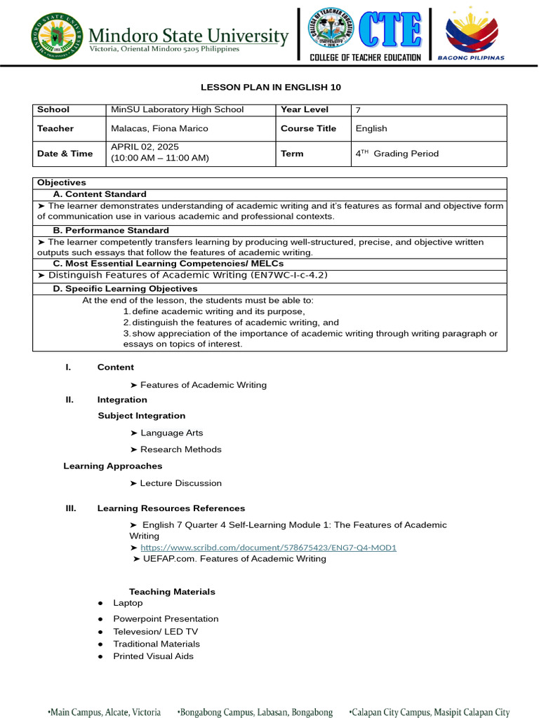 FINAL-DEMO-april 2 LESSON-PLAN | PDF | Learning | Essays