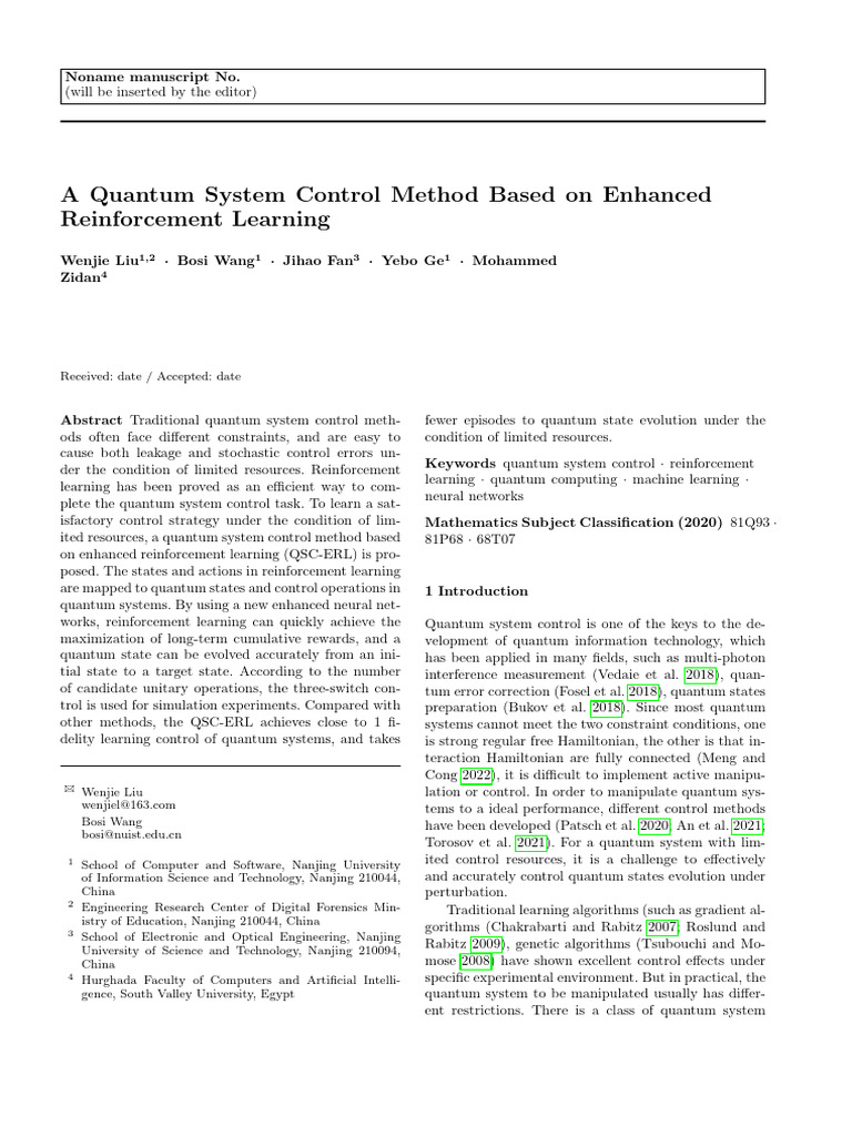 A Quantum System Control Method Based On Enhanced Reinforcement Learning | PDF | Quantum ...