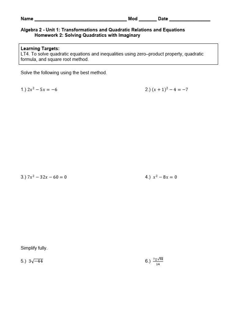 Alg2.U1.L2.Solving Quadratics With Imaginary Homework | PDF
