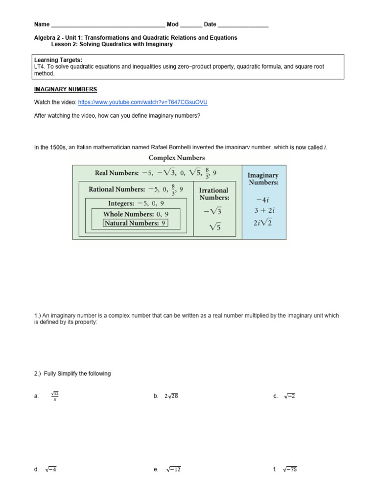 Alg2.U1.L2.Solving Quadratics With Imaginary Lesson | PDF | Quadratic ...