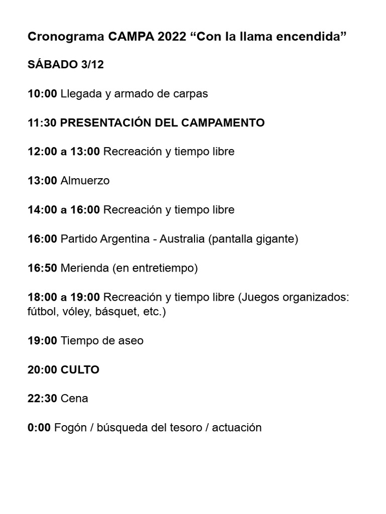 Cronograma CAMPA 2022 "Con La Llama Encendida" | PDF