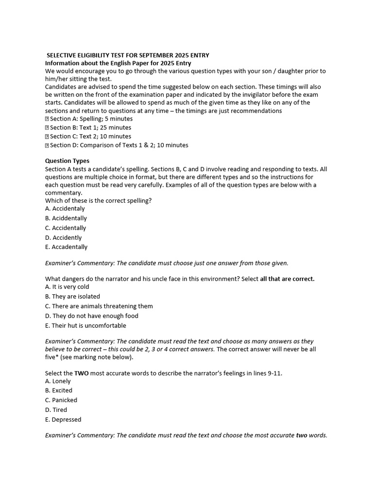 Selective Eligibility Test For September 2025 Entry Information About ...