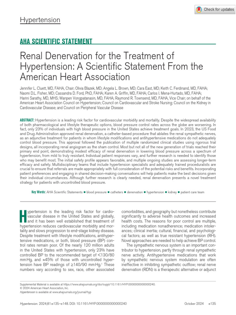 Cluett Et Al Renal Denervation For The Treatment of Hypertension A Scientific Statement From The ...