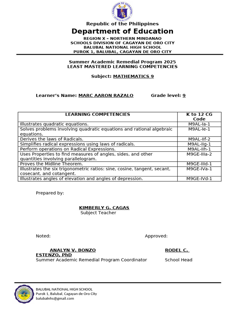 Least-Mastered-Competencies MATH 9 | PDF | Trigonometric Functions ...
