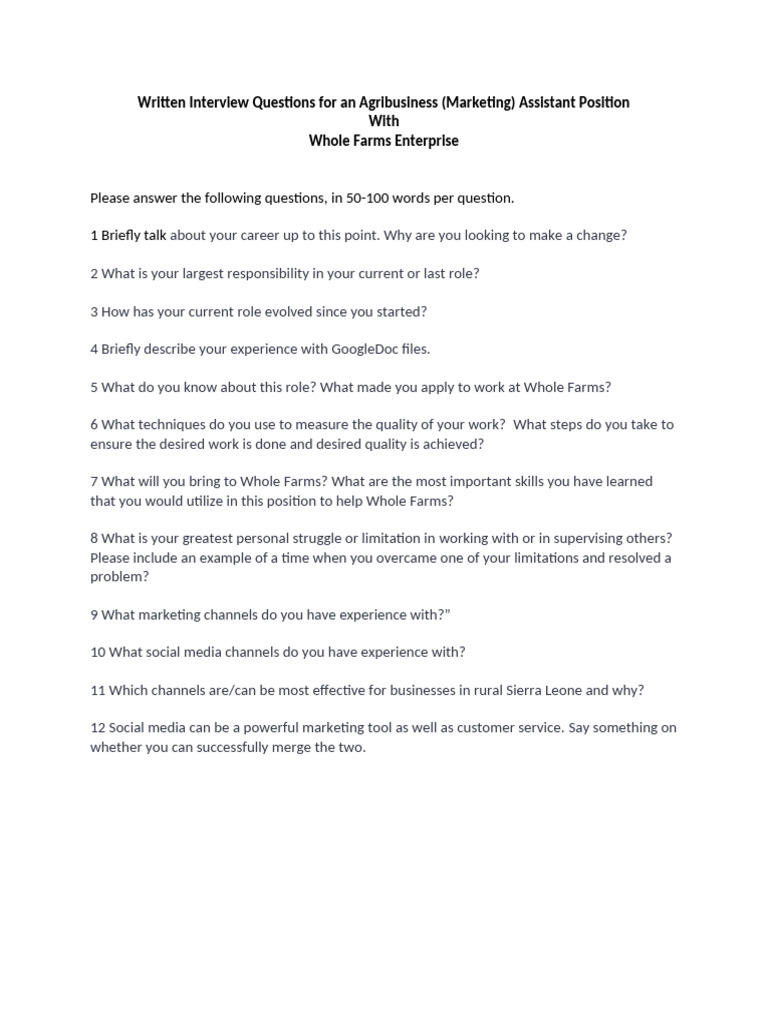 Written Interview Questions - Agbusiness-Position | PDF