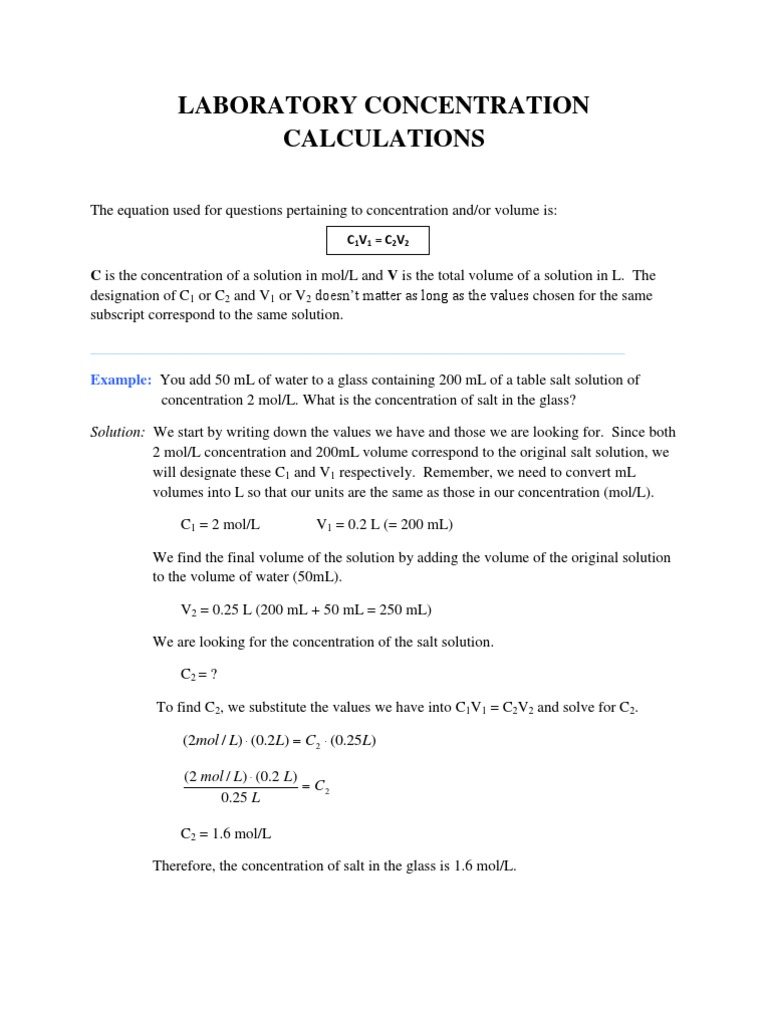 Laboratory Concentration Calculations | PDF | Solution | Concentration