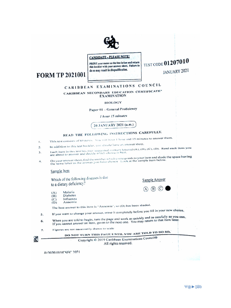 Toaz - Info Csec Biology January 2021 Paper 1 PR | PDF