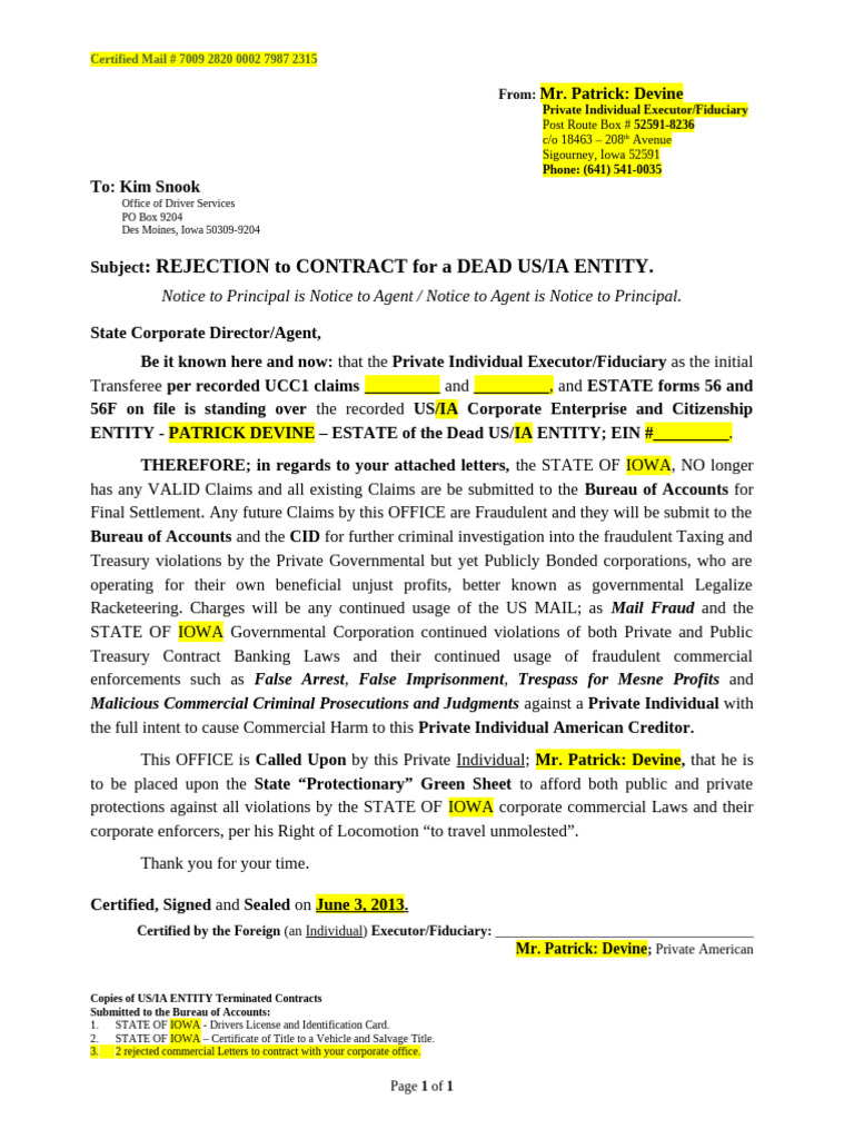 DOT Rejection to Contract template | PDF | Fiduciary | Fraud