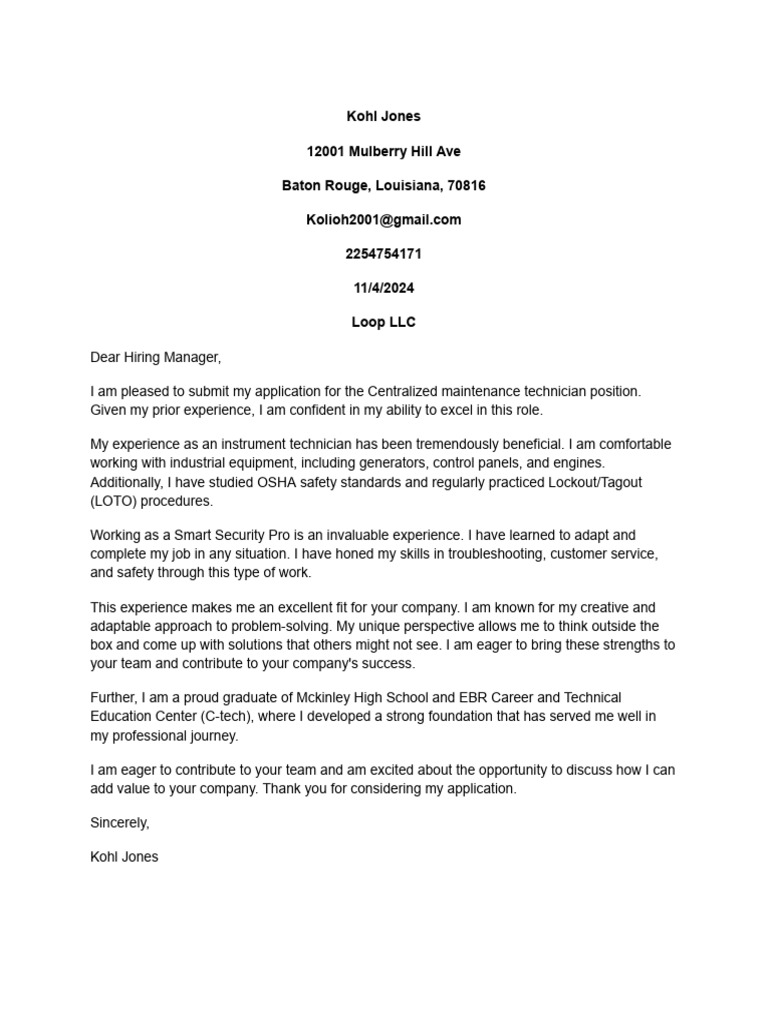 Application for Maintenance Technician Role | PDF