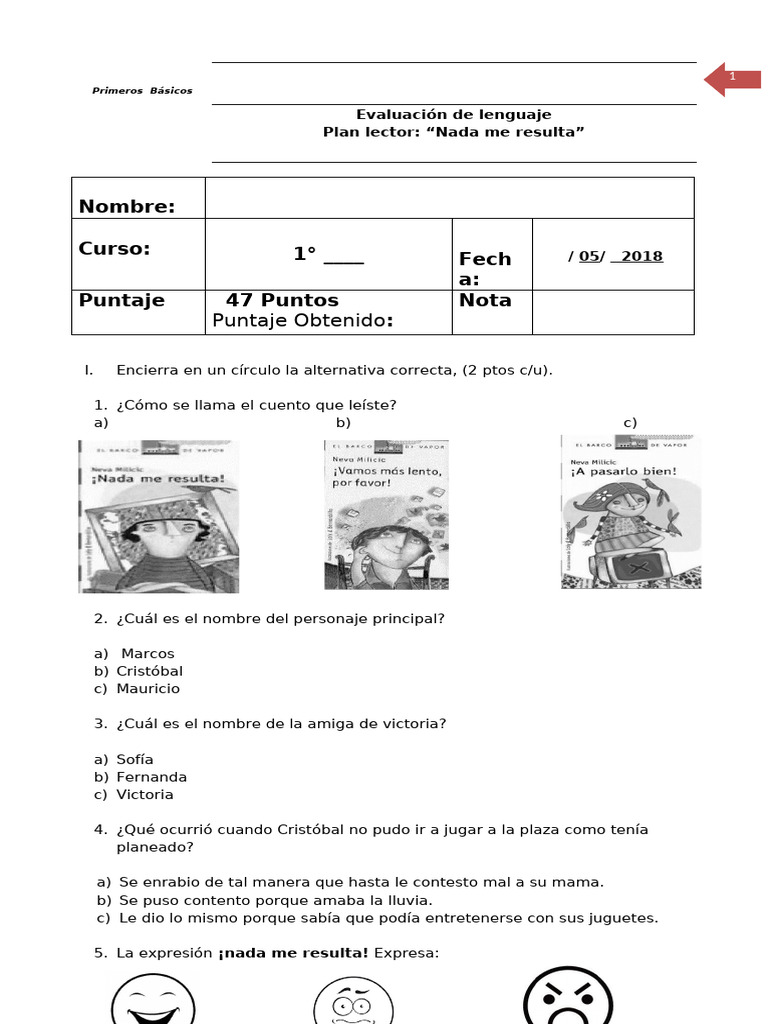 Evaluación de comprensión lectora 1° básico | PDF