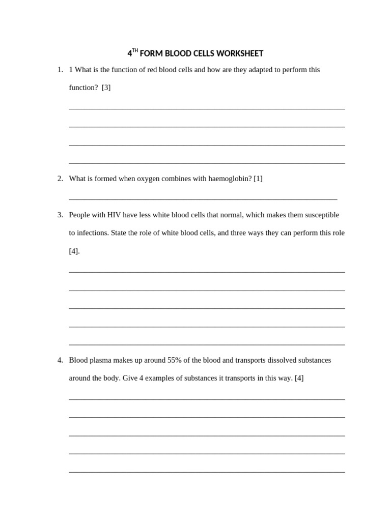 4TH FORM BLOOD CELLS WORKSHEET | PDF