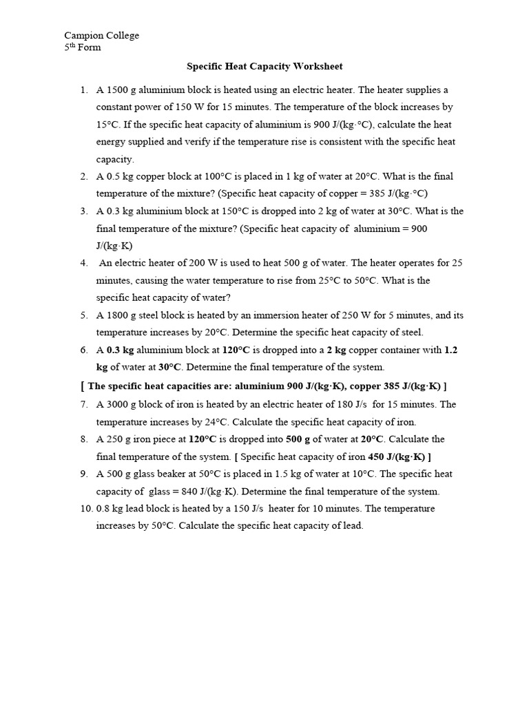 Specific Heat Capacity Worksheet-5th Form Physics | PDF