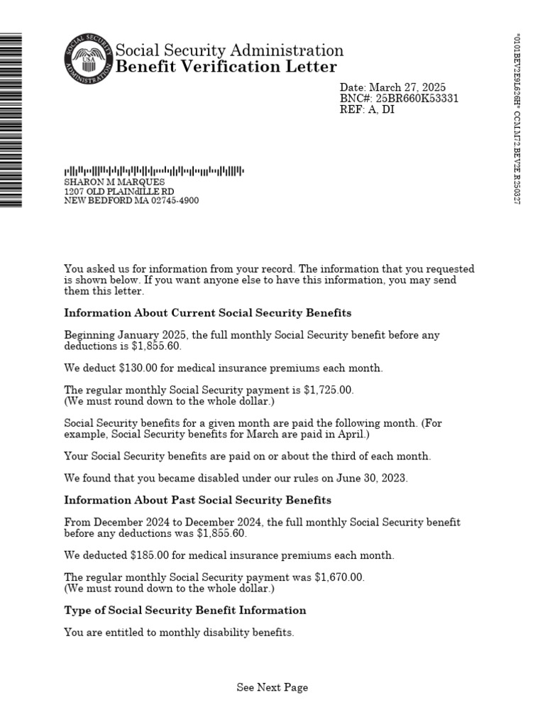 Social Security Benefit Verification Letter | PDF | Social Security ...