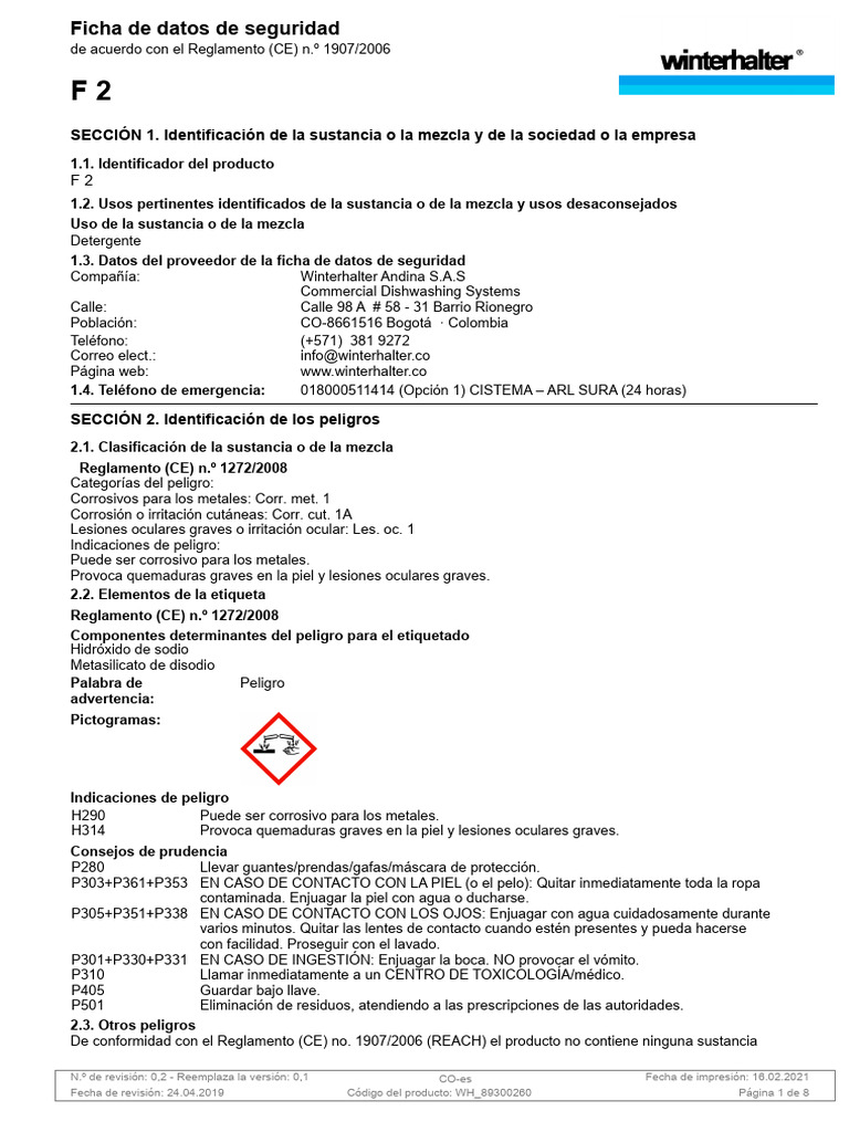 Ficha de Seguridad: Winterhalter F2 | PDF | Corrosión | Materiales