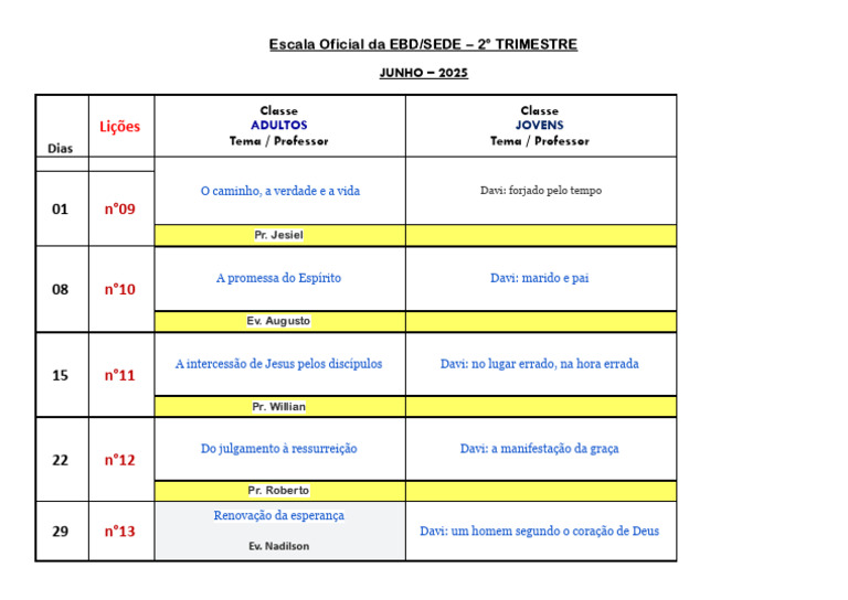 Escala Oficial Da EBD - Junho | PDF