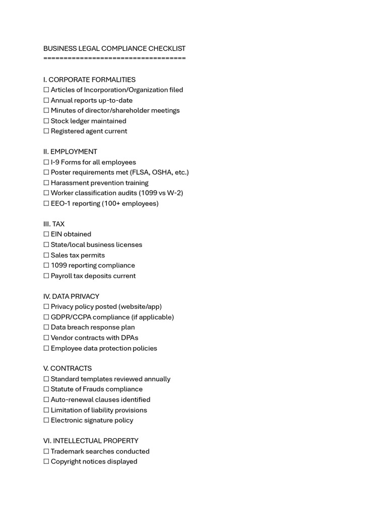 Business Legal Compliance Checklist | PDF