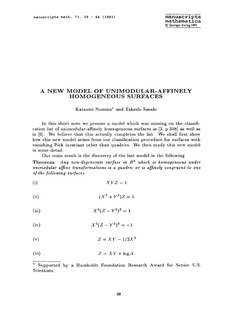 A New Model of Unimodular-Affinely Homogeneous Surfaces | PDF | Tensor | Mathematical Concepts