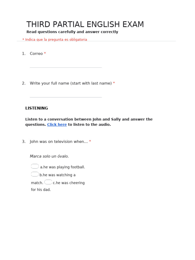 THIRD PARTIAL ENGLISH EXAM - Formularios de Google | PDF