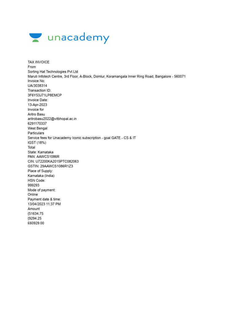 Tax Invoice for Unacademy Subscription | PDF