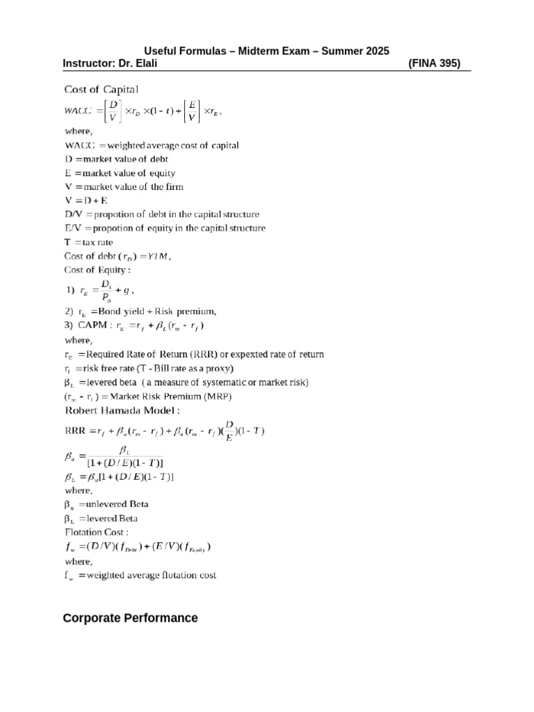 FINA 395 Formula Sheet MidTerm | PDF