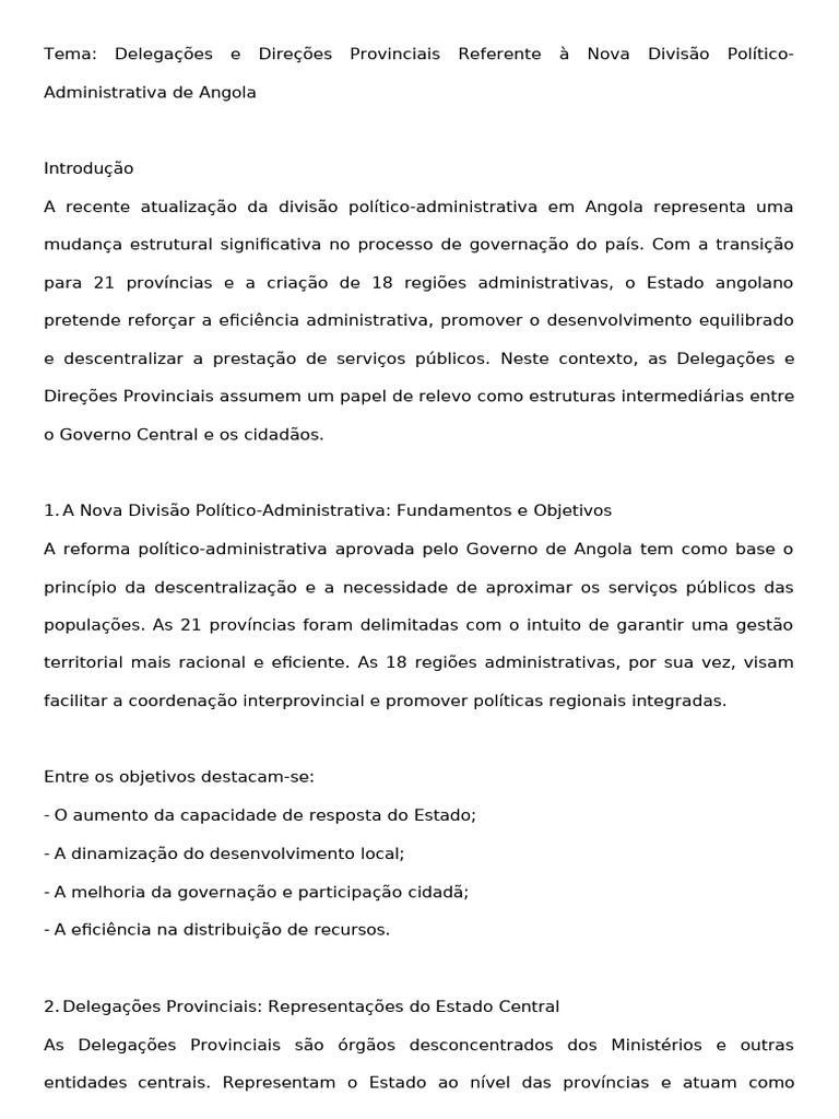 Delegacoes e Direcoes Na Nova Divisao Politico Administrativa de Angola 011409 | PDF ...