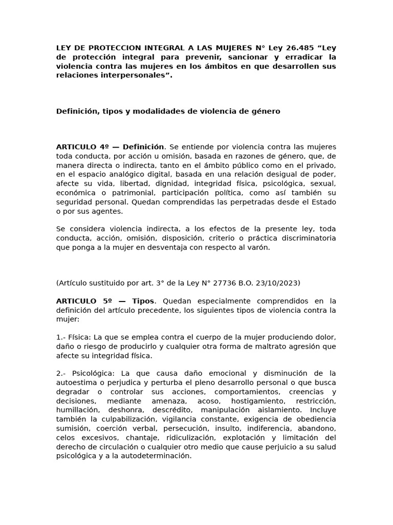 Ley 26485 - Definicion - Tipos - Modalidades | PDF | Violencia | La violencia contra las mujeres