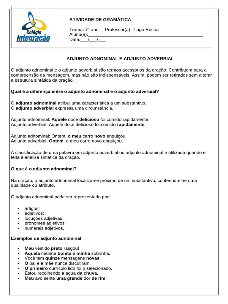 Atividade de Gramática - Adjunto Adverbial e Adnominal - 7° ANO | PDF ...