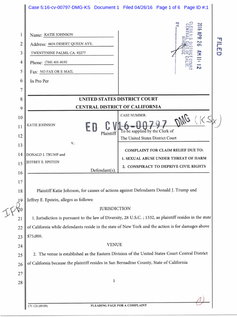 Katie Johnson v. Donald J. Trump and Jeffrey E. Epstein | PDF