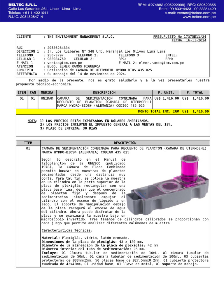 17375E11 TEM SAC - Camara de Utermoehl 435025 | PDF