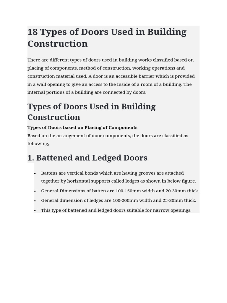 18 Door Types for Building Construction | PDF | Door | Framing ...