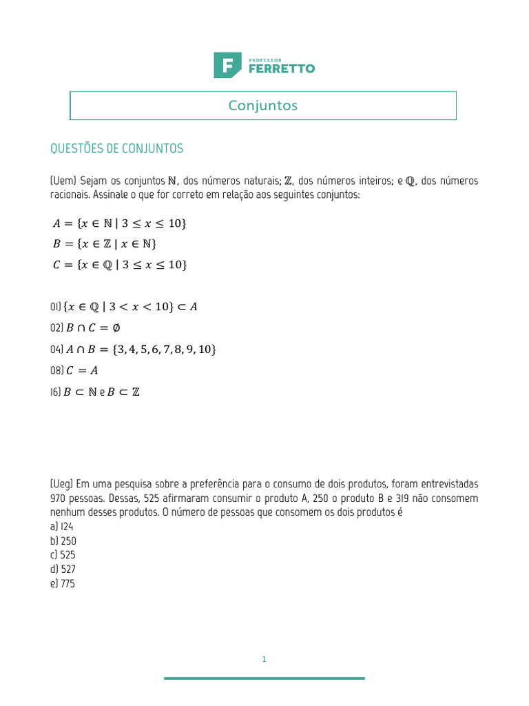 Matemática - Conjuntos Parte 3. Semana 1 | PDF