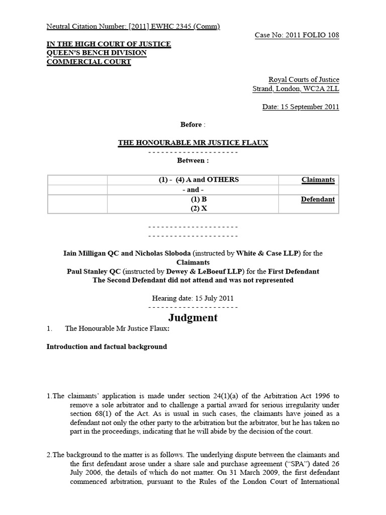 A & Others V B & Anr, (2011) EWHC 2345 | PDF | Arbitral Tribunal | Arbitration