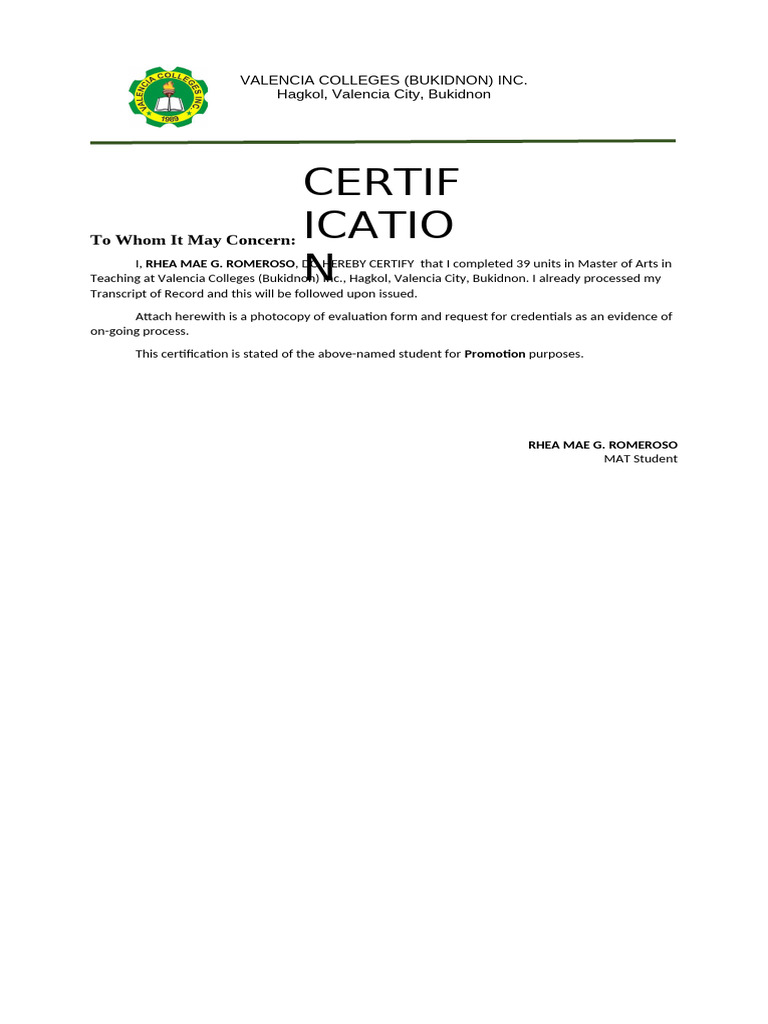 Certification For Earned Units | PDF