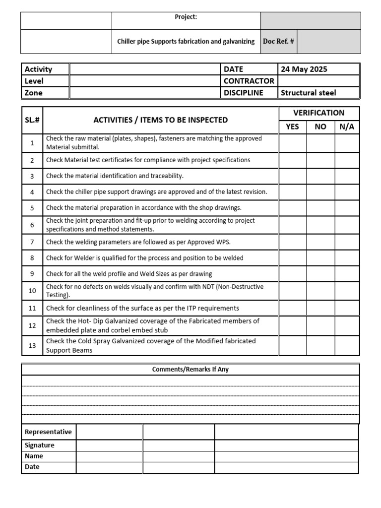 Checklist -Chiller Pipe Supports Fabrication and Galvanizing | PDF