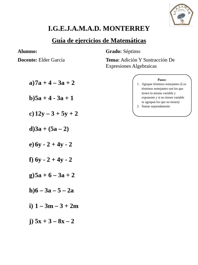 Guía - Séptimo - Matematicas - Adición y Sustracción de Expresiones ...