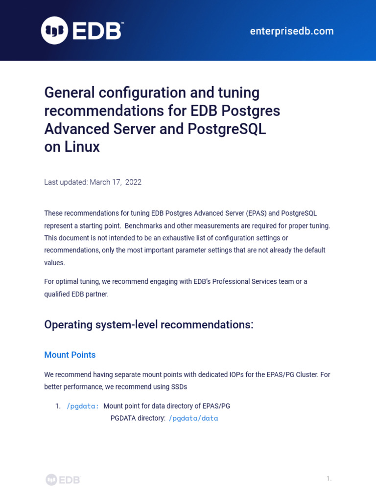 Recommended Default Settings For A New PostgreSQL or EPAS Installation - Linux-2 | PDF | Postgre ...