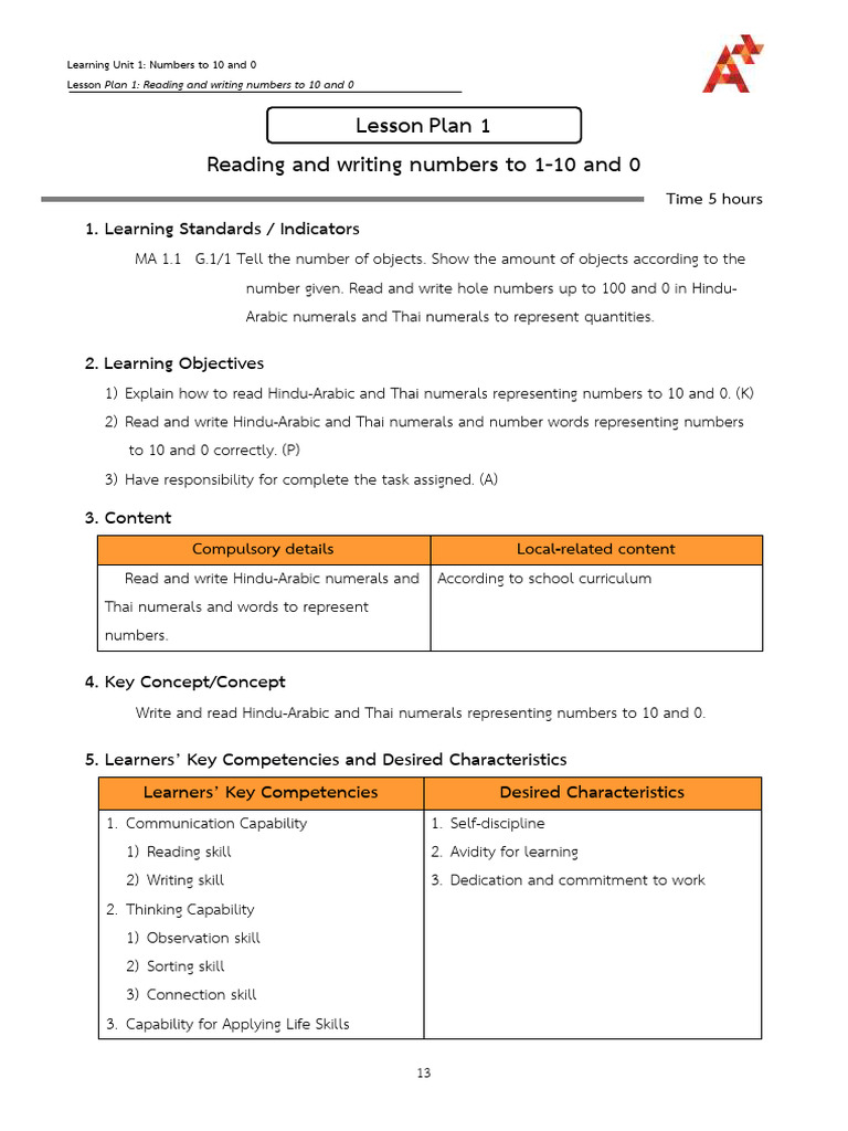 Lesson Plan 1-1 Reading and Writing Numbers To 10 | PDF | Learning ...