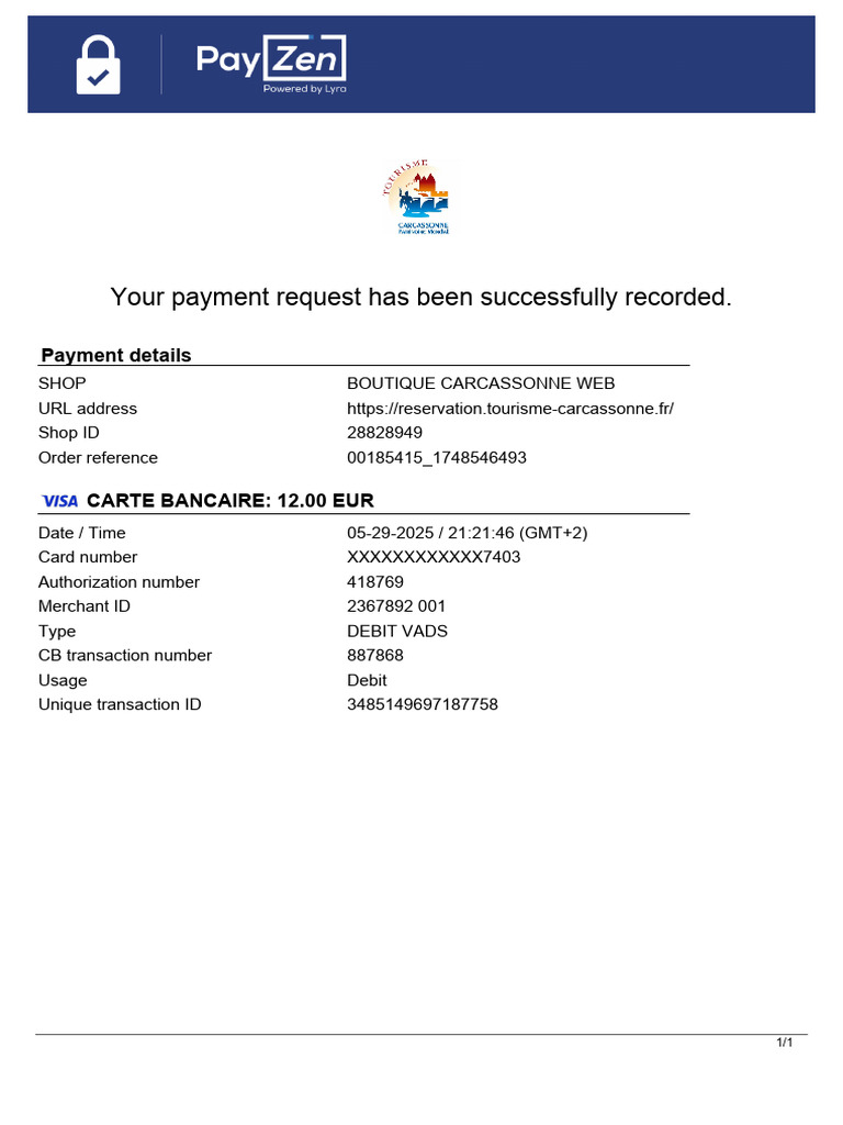 Payment Confirmation for Boutique Carcassonne | PDF