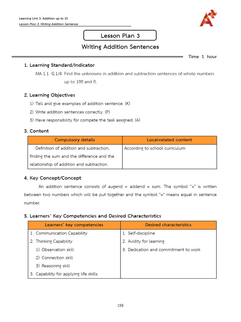 Lesson Plan 3-3 Writing Addition Sentence | PDF | Learning | Lesson Plan