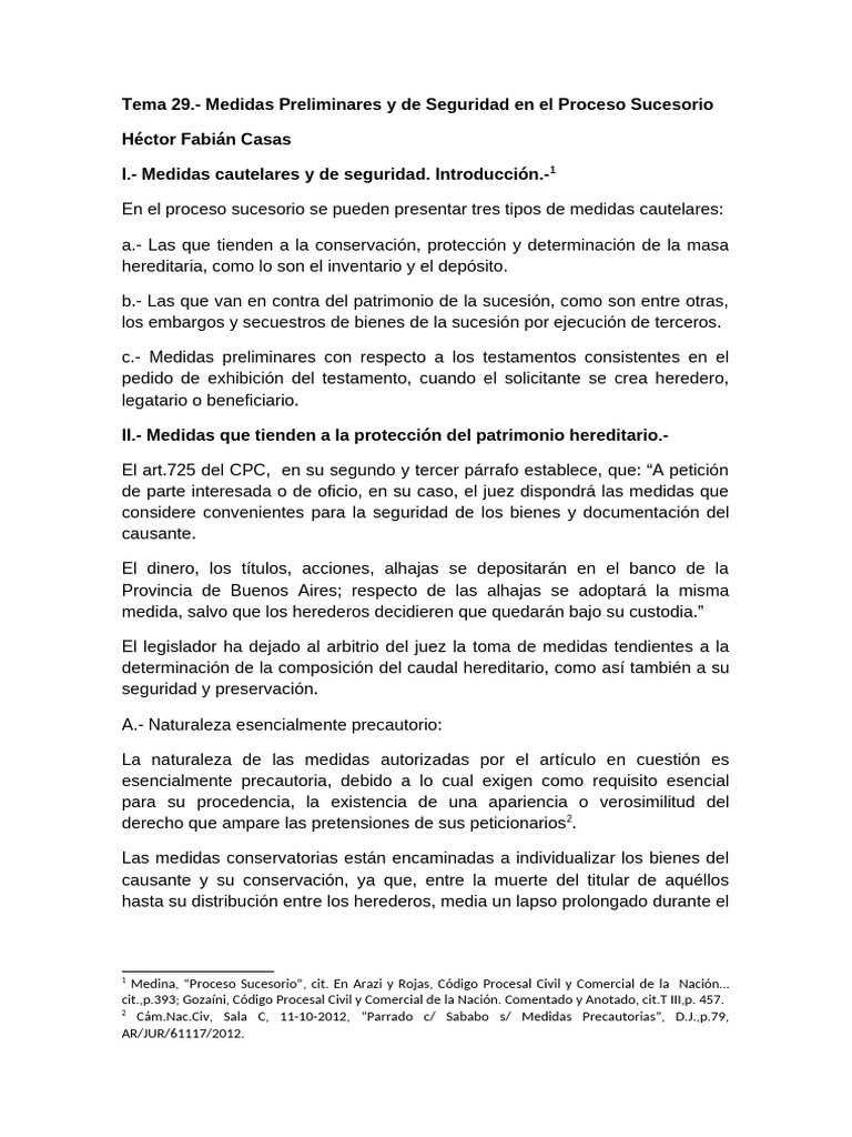 Tema 29 Proceso Sucesorio Medidas Cautelares DR Casas | PDF | Mandato | Herencia
