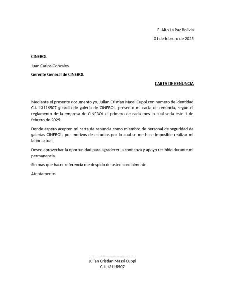 Renuncia de Julian Cristian Massi Cuppi | PDF