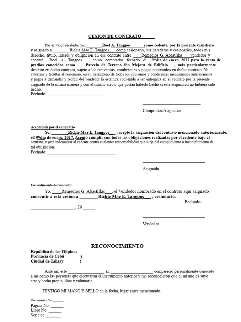 Cesión de Contrato: - Roel A. Tangpos - Como Cedente, Por La Presente Transfiero | PDF