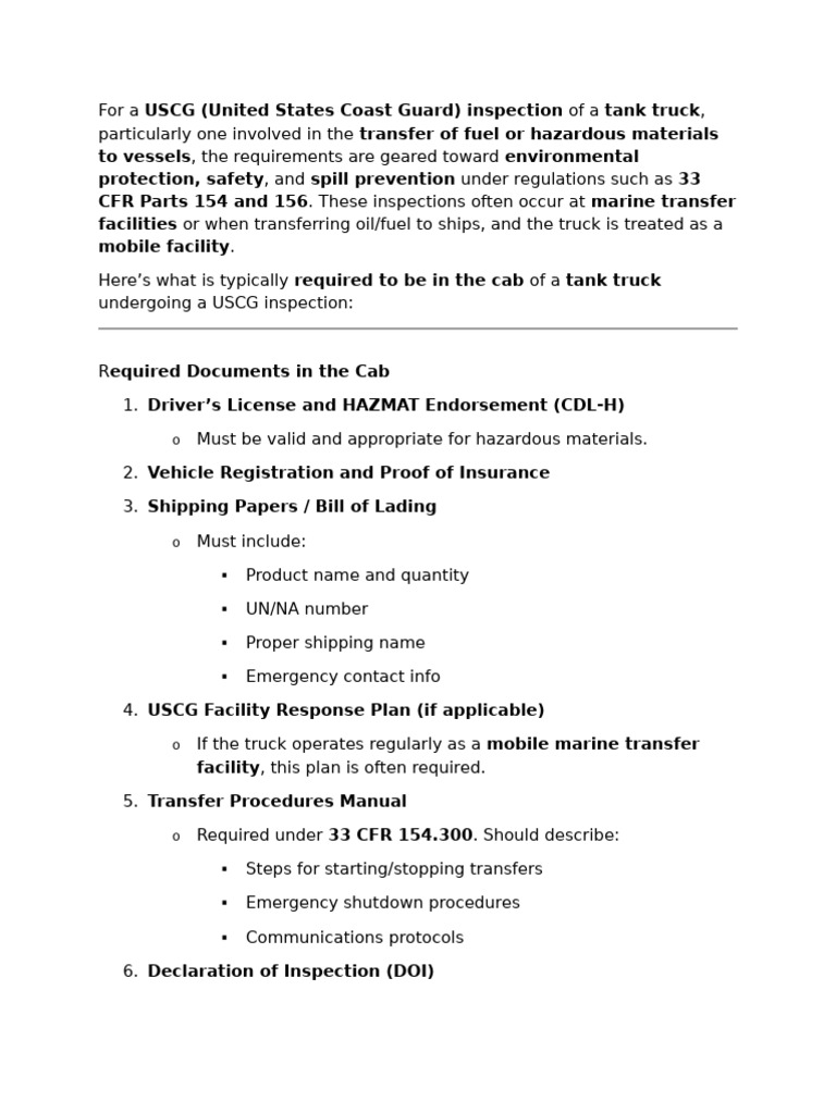 USCG Tank Truck Inspection Checklist | PDF | Dangerous Goods | Truck