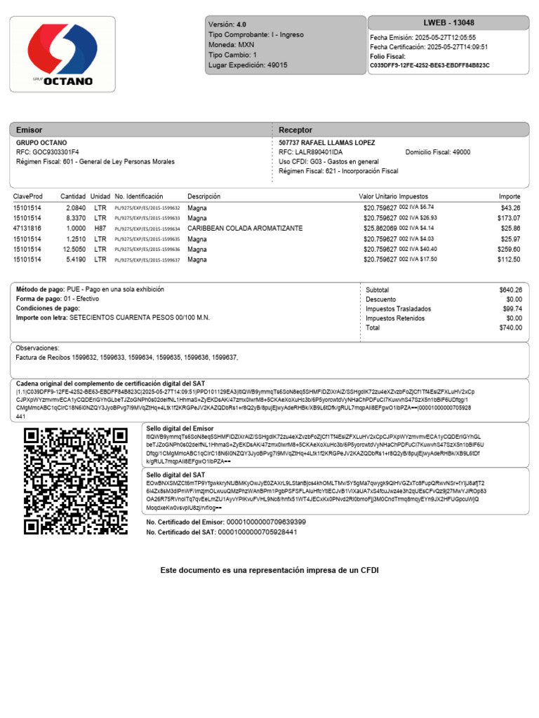 Factura CFDI Grupo Octano 2025 | PDF | Pagos