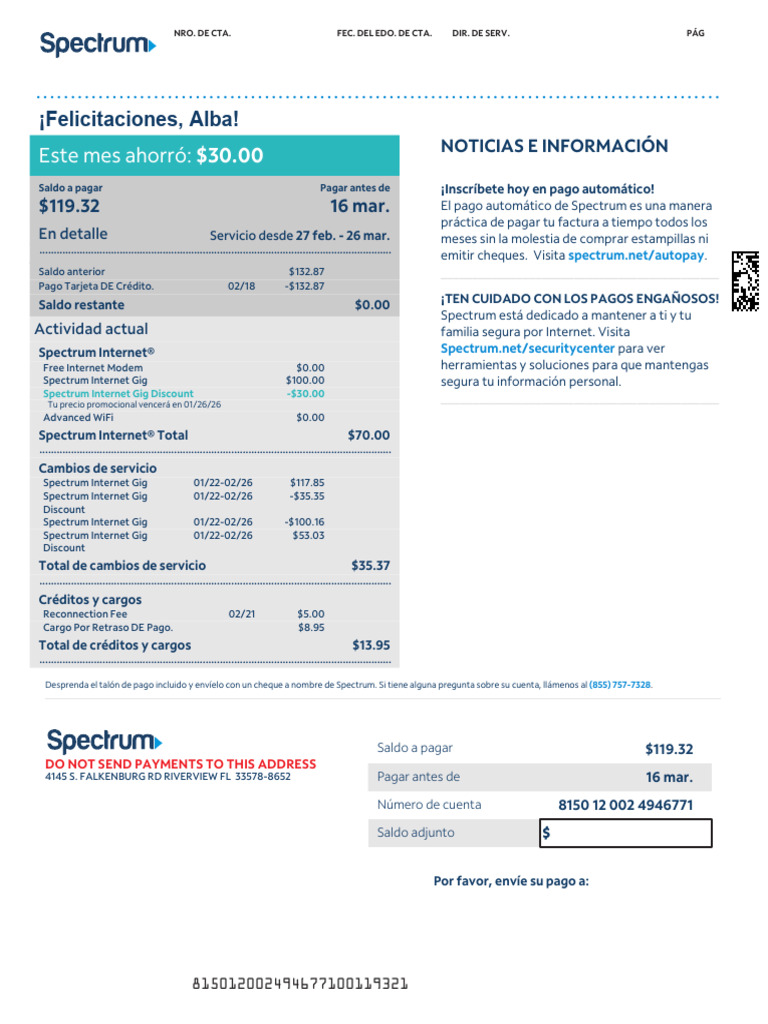 Spectrum Bill | PDF | Cheque | Tarjeta de débito